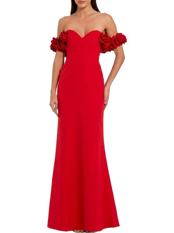 Mac Duggal Crepe Off-the-shoulder Gown With 3d Floral Detail - Red