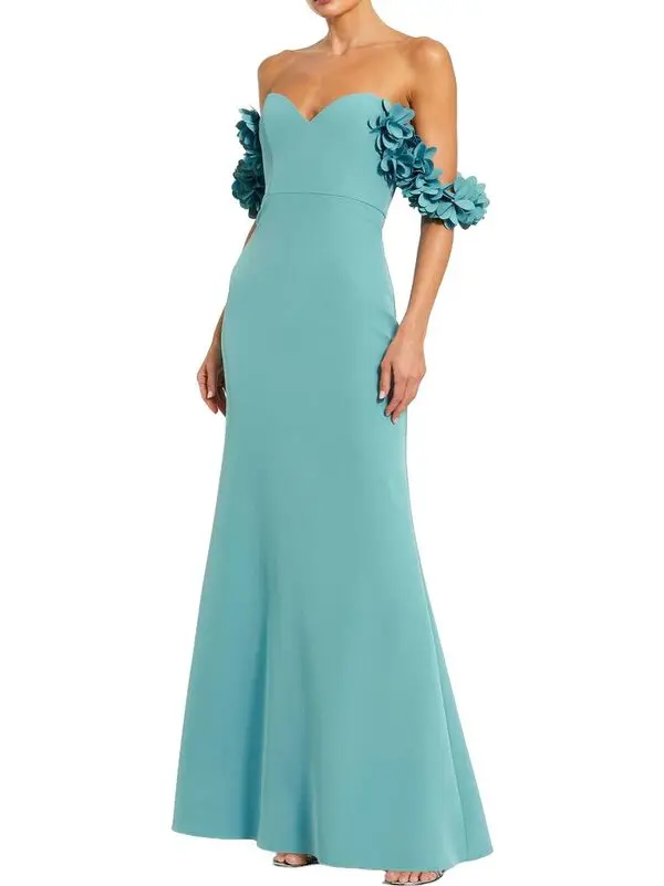 Mac Duggal Off-the-shoulder Gown With 3d Floral Embellishments - Teal