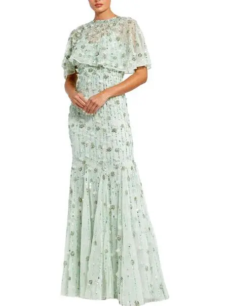 Mac Duggal Embellished Illusion Cape Sleeve Trumpet Gown - Sage