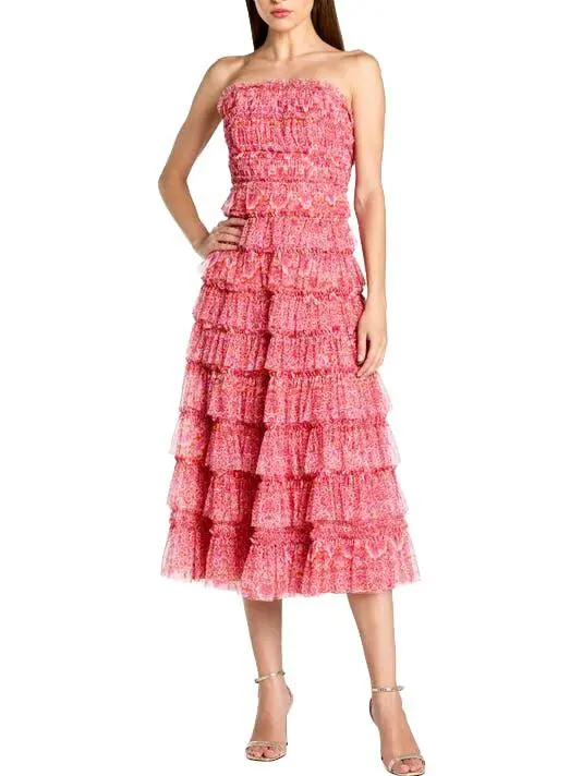 Mac Duggal Printed Mesh Strapless Midi Dress - Pink Multi