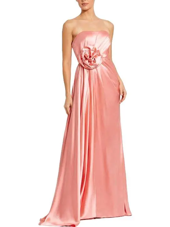 Mac Duggal Strapless Satin Gown With 3d Floral Accent - Coral