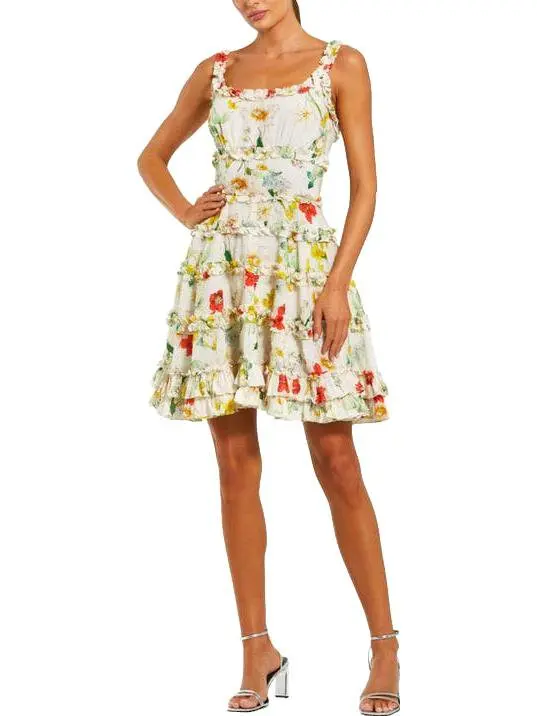 Mac Duggal Floral Square Neck Ruffle Mini Dress - Ivory Multi