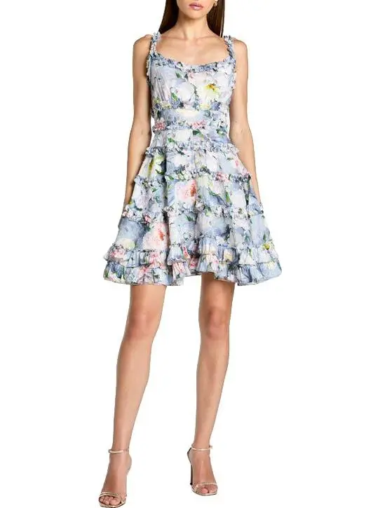 Mac Duggal Floral Square Neck Ruffle Mini Dress - Platinum Multi