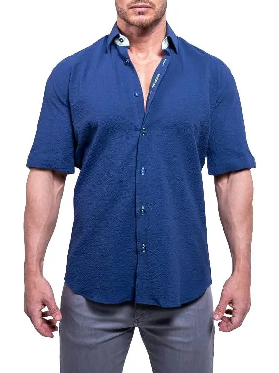 MACEOO Galileo Aristocrat Luxe Stretch Cotton Seersucker Short Sleeve Button-up Shirt - Blue