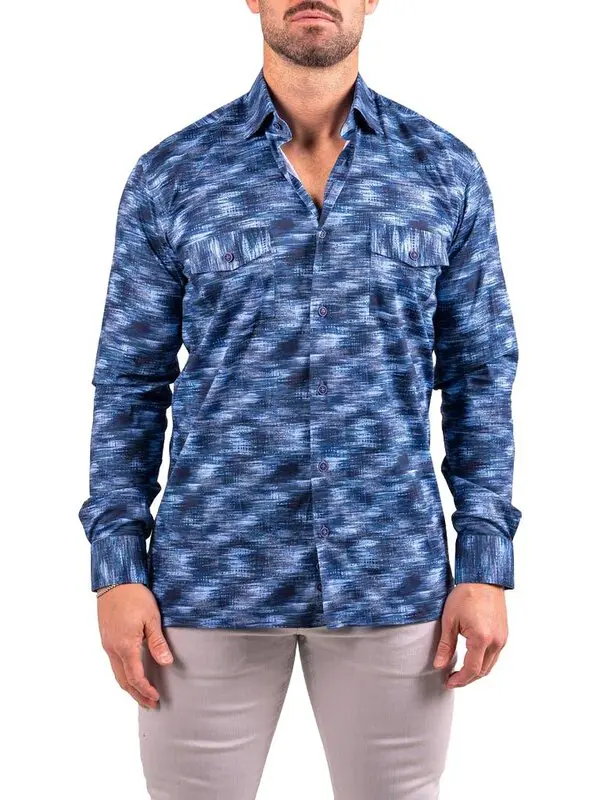 MACEOO Denim Print Resistance Contemporary Button-up Shirt - Blue