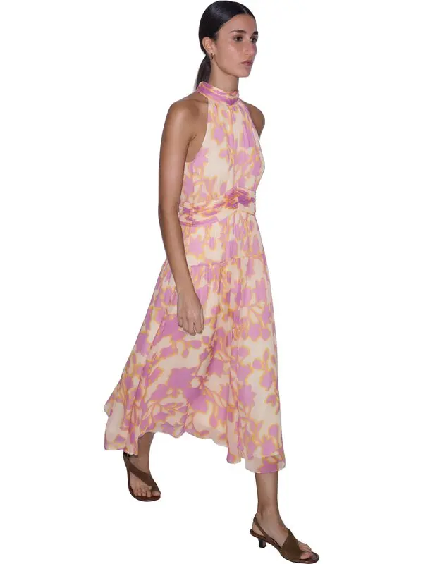 ME+EM Paradise Print Halterneck Midi Dress - Buttercream/lilac/multi
