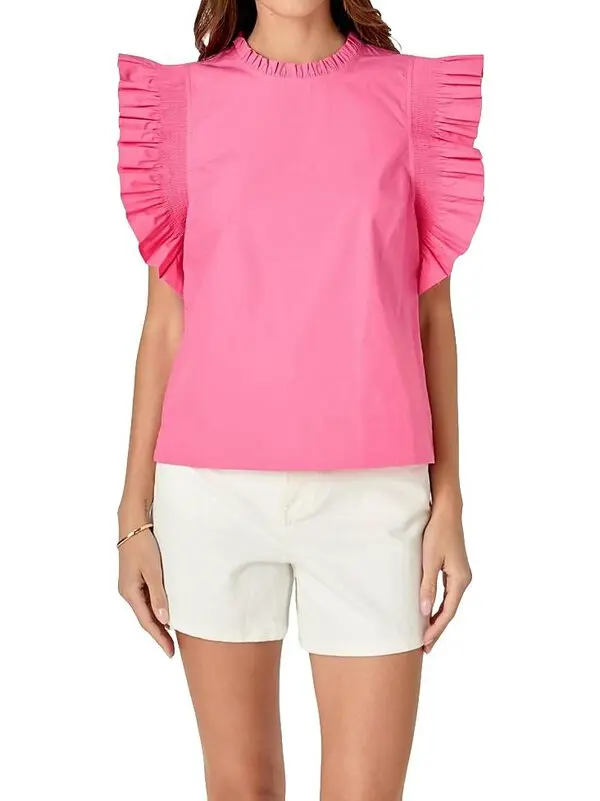 English Factory Ruffle Sleeve Poplin Top - Fuchsia