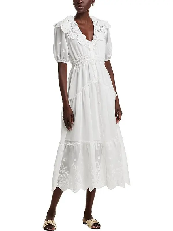 Aqua Embroidered Ruffle Short Sleeve Maxi Dress - Ivory
