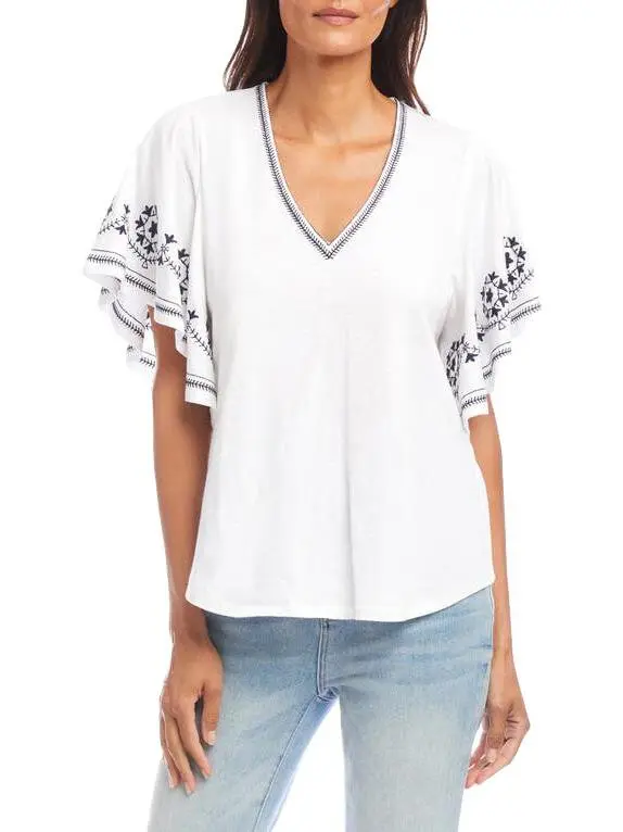Karen Kane Embroidered Flutter Sleeve Organic Cotton Top - Off White