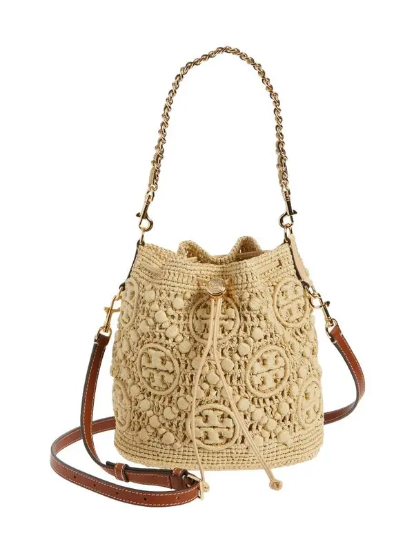 Tory Burch T Monogram Raffia Bucket Bag - Natural