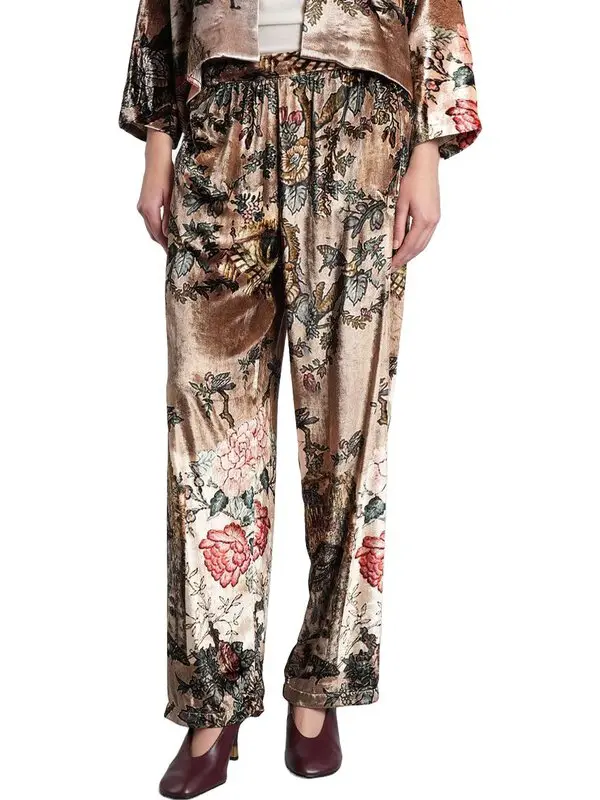 YAVI Printed Velvet Pants - Beige