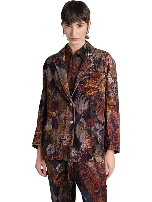 YAVI Floreal Print Cotton Blazer - Brown