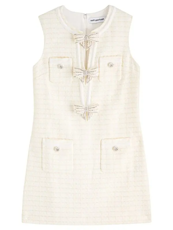 SELF-PORTRAIT Bow-embellished Bouclé Mini Dress - Cream