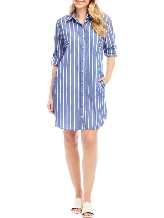 Karen Kane Striped Long-sleeve Cotton Shirtdress - Blue/ White Stripe