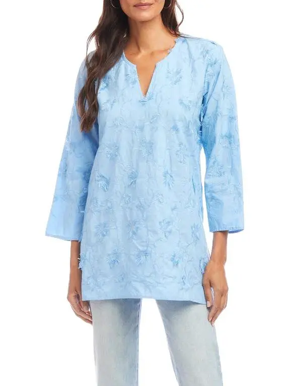 Karen Kane Floral Embroidered Cotton Tunic Top - Lake