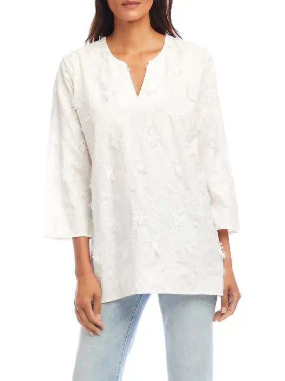 Karen Kane Floral Embroidered Cotton Tunic Top - Off White