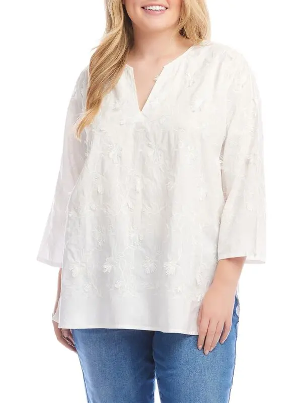 Karen Kane Floral Embroidered Cotton Tunic Top - Off White
