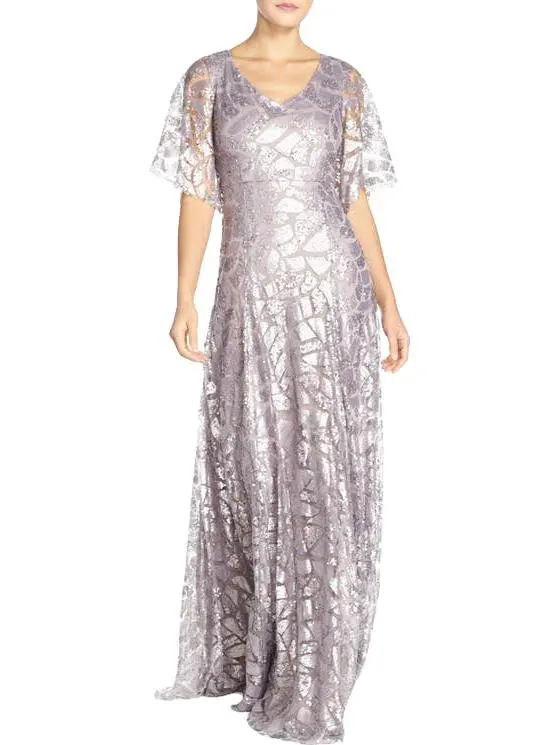 Maggy London Camilla Sequin Flutter Sleeve Gown - Grey Ridge