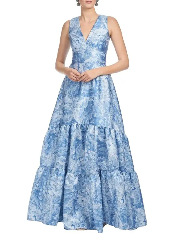 Sachin & Babi Rori Floral Sleeveless Tiered Mikado Gown - Hydrangea Blooms