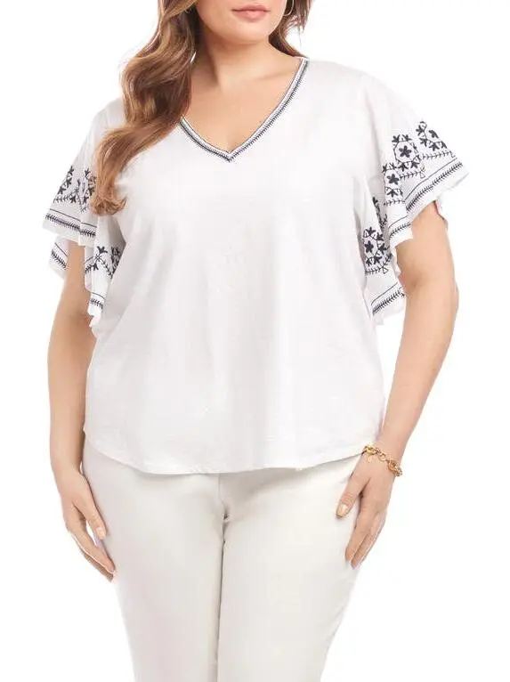 Karen Kane Embroidered Flutter Sleeve Organic Cotton Top - Off White
