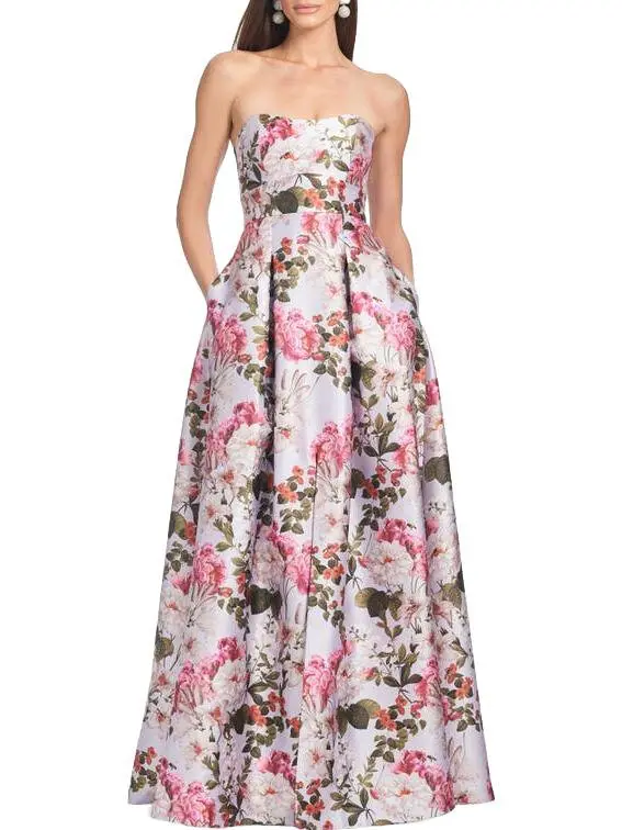 Sachin & Babi Giovanna Floral Mikado Satin Strapless Gown - Perwinkle And Petals