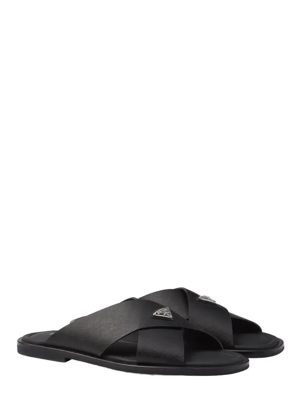 Prada Saffiano Leather Crisscross Slides - Black