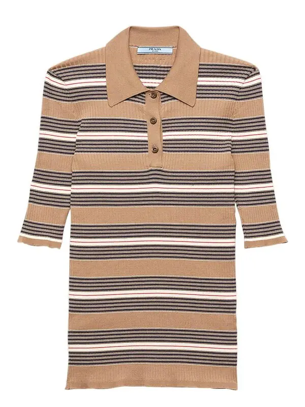 Prada Striped Ribbed Knit Polo Shirt - Cammello