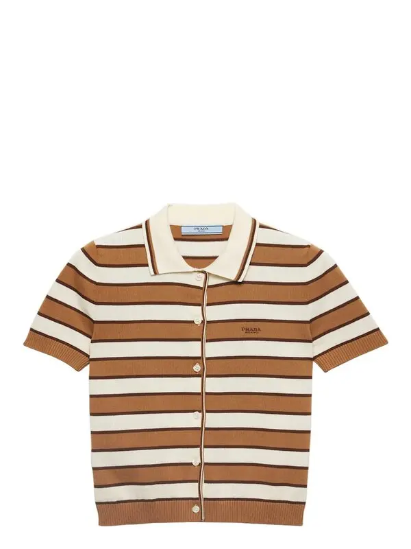 Prada Striped Short-sleeve Polo Sweater - Cammello Naturale