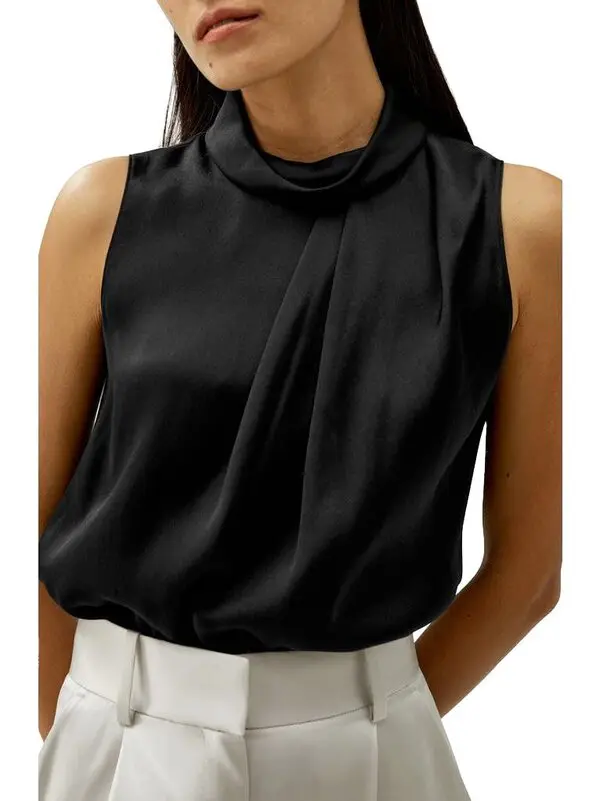Lilysilk Asymmetrical Sleeveless Cowl Neck Silk Top - Black