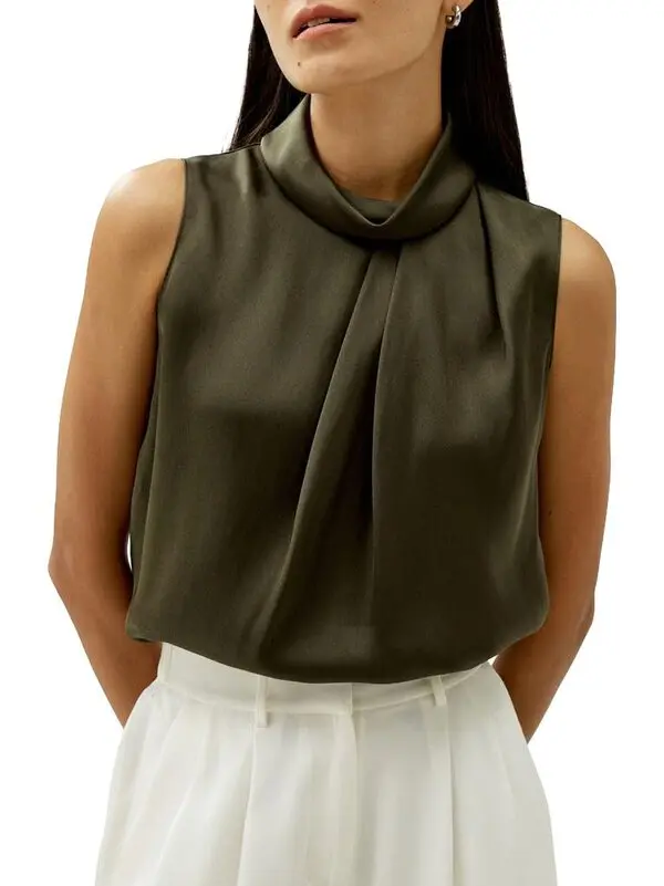 Lilysilk Asymmetrical Sleeveless Cowl Neck Top - Dark Olive