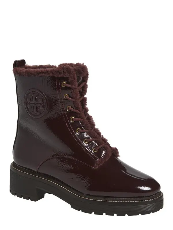 Tory Burch Miller Genuine Shearling Lined Combat Boots - Plum / Plum
