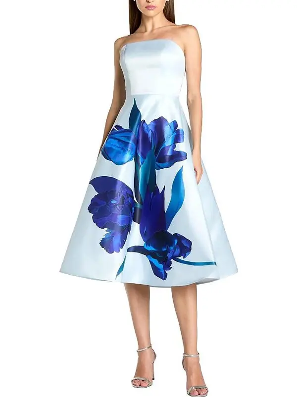 Mac Duggal Strapless Satin Midi Dress With Floral Print - Blue Multi