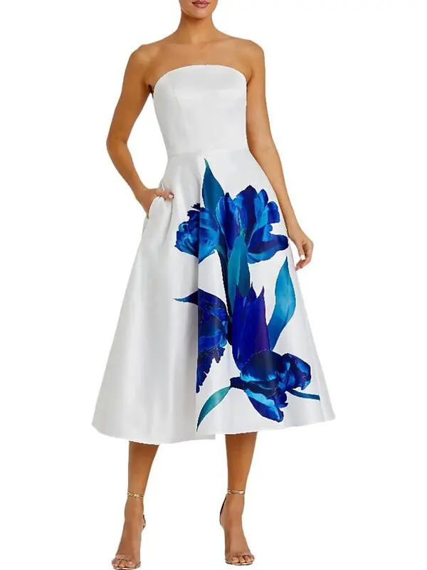 Mac Duggal Strapless Satin Midi Dress With Floral Print - Cream Multi