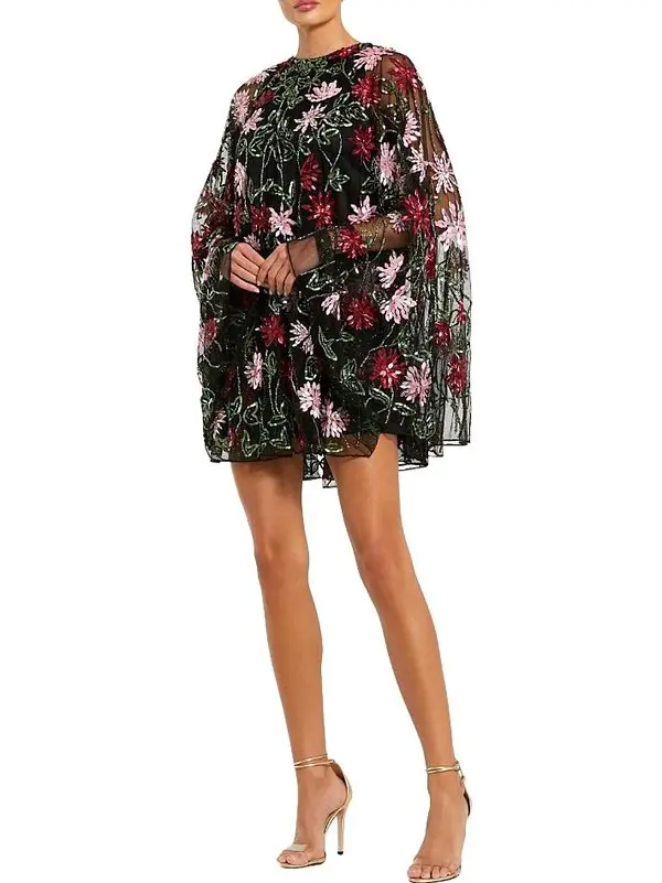 Mac Duggal Floral Beaded Mesh Shawl Mini Dress - Black Multi