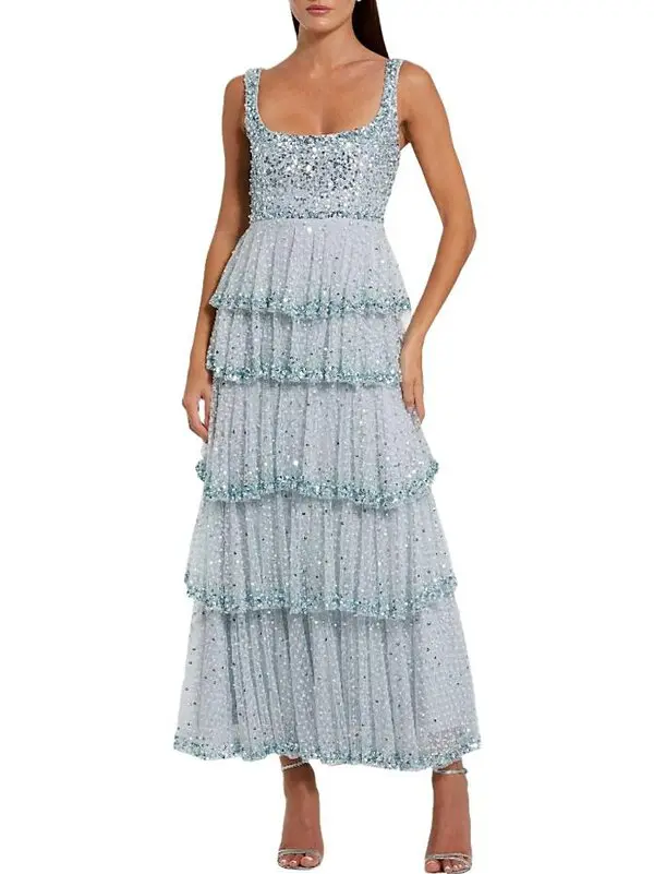 Mac Duggal Embellished Net Tiered Ruffle Scoop Neck Gown - Powder Blue