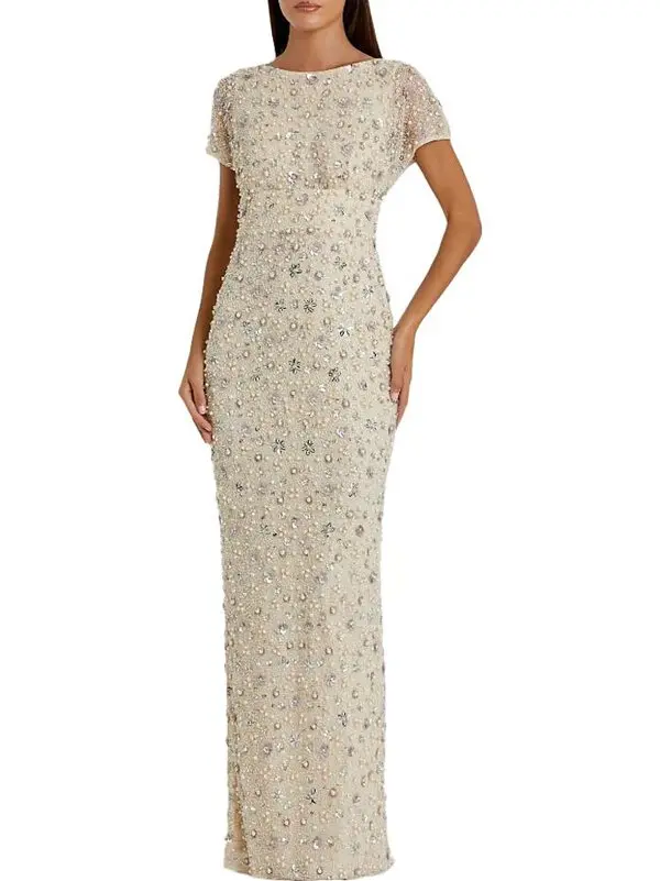 Mac Duggal Floral Embellished Fitted Blouson Gown - Oyster