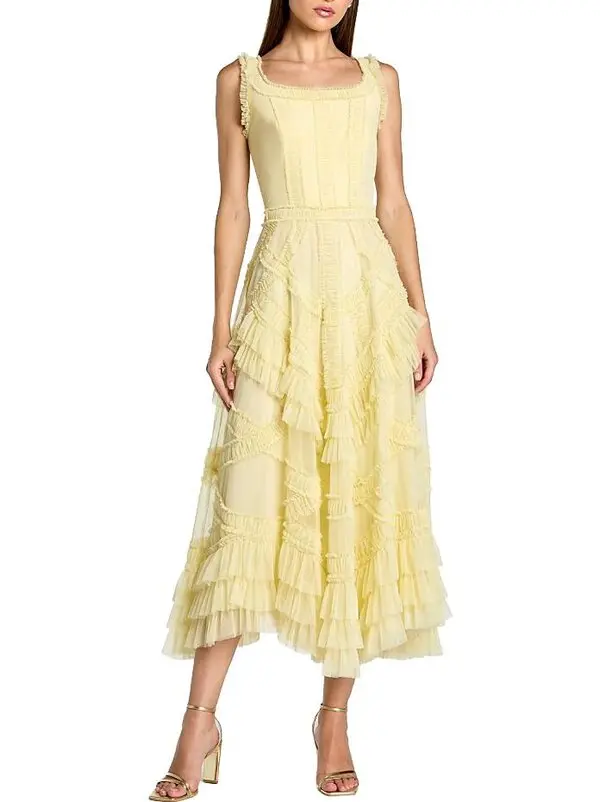 Mac Duggal Sleeveless Mesh Ruffle Midi Dress - Buttercup
