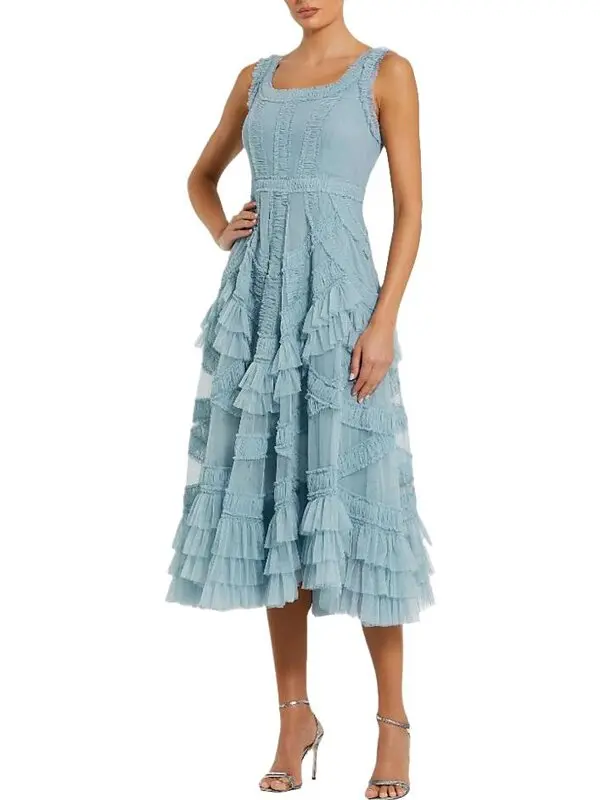 Mac Duggal Scoop Neck Sleeveless Mesh Micro Ruffle Midi Dress - French Blue
