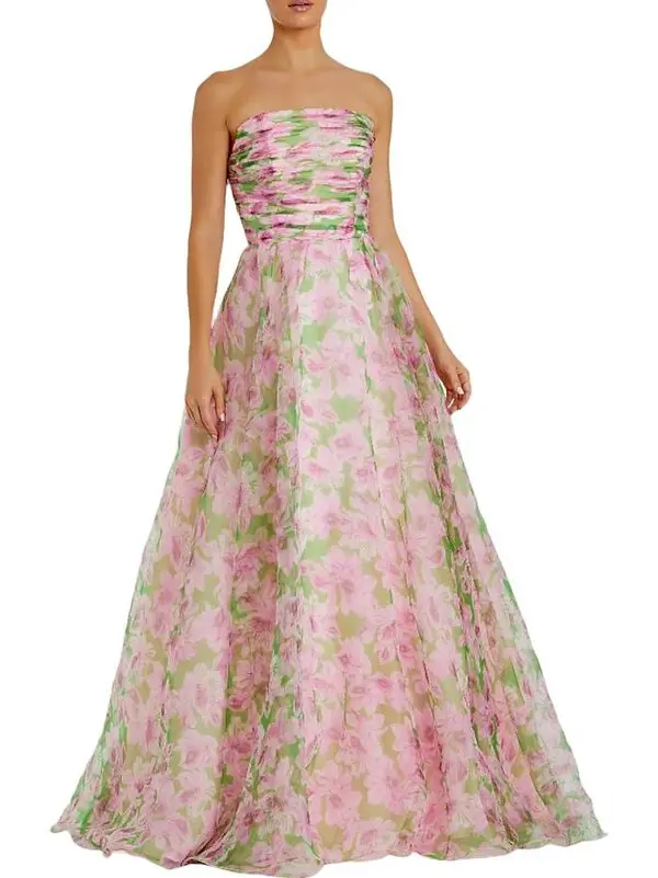 Mac Duggal Strapless Floral Chiffon Gown - Pink Multi