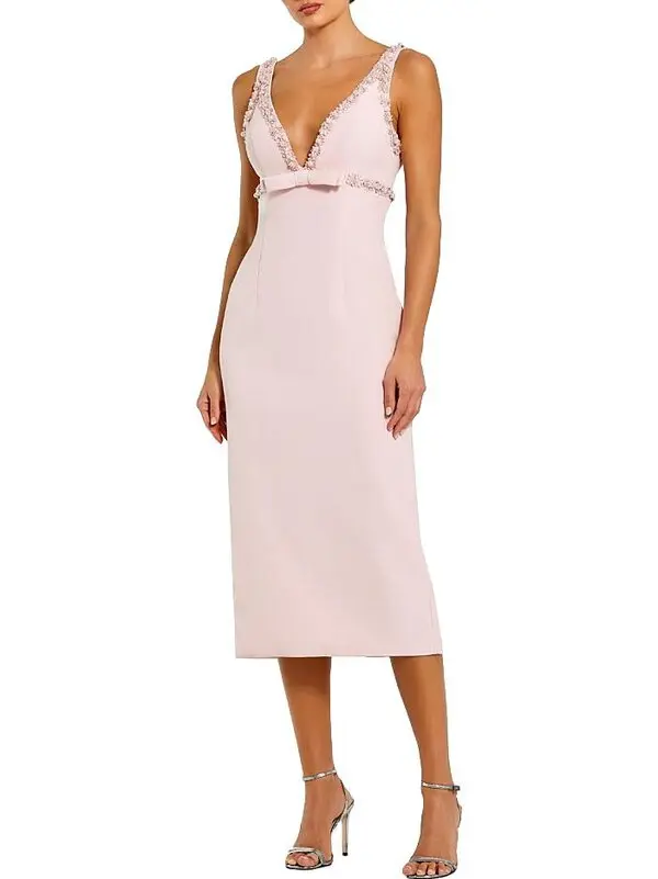 Mac Duggal Crepe Fitted Midi Dress With Bow And Beaded Trim - Blush