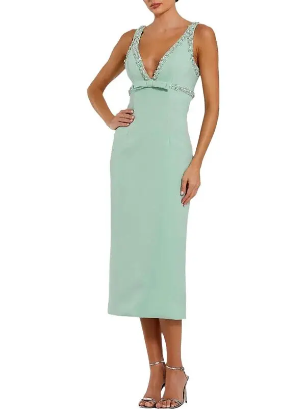Mac Duggal Crepe Fitted Midi Dress With Bow And Beaded Trim - Sage