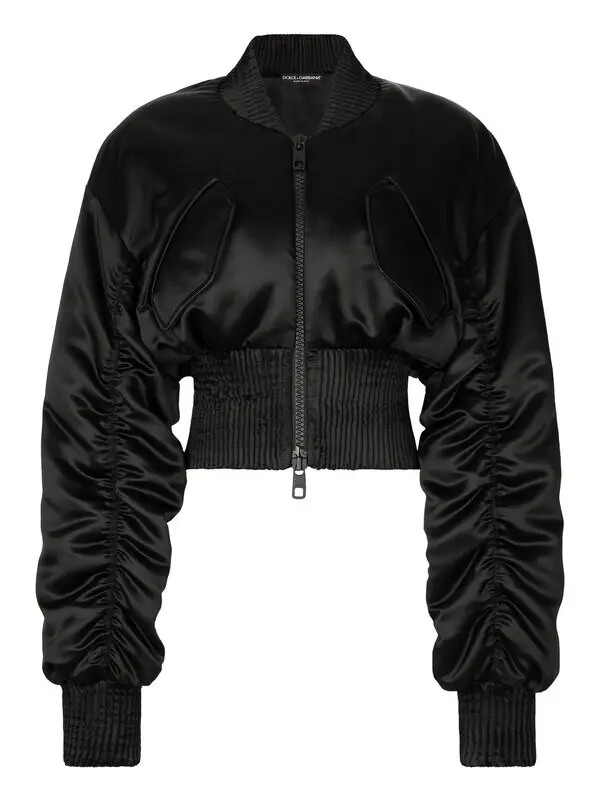 Dolce & Gabbana Short Duchesse Bomber Jacket With Draped Sleeves - Black