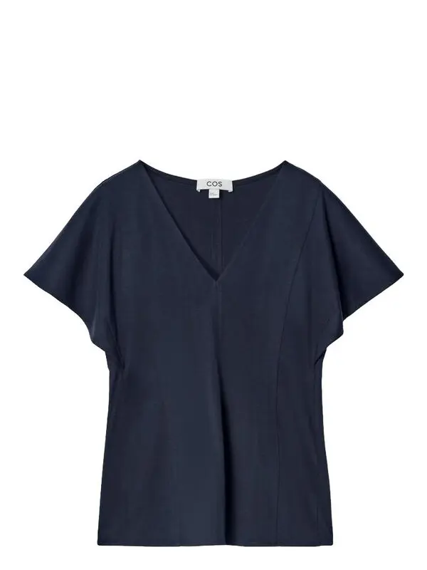Cos Cotton-jersey Top With Petal Sleeves - Navy