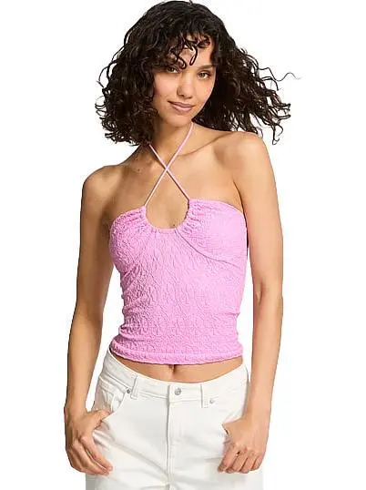 Pink Floral Jacquard Halter Top - Pink
