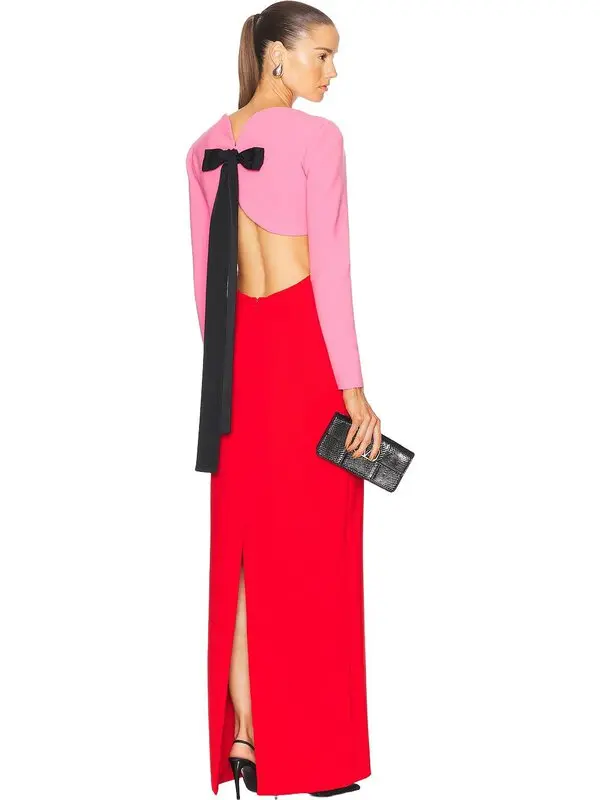 Carolina Herrera Long Sleeve Column Gown In Colorblock - Red & Pink