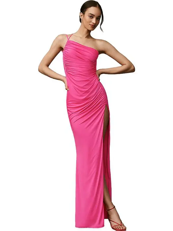 Katie May Rosalind One-shoulder Ruched Crisscross-back Column Maxi Dress - Rosy