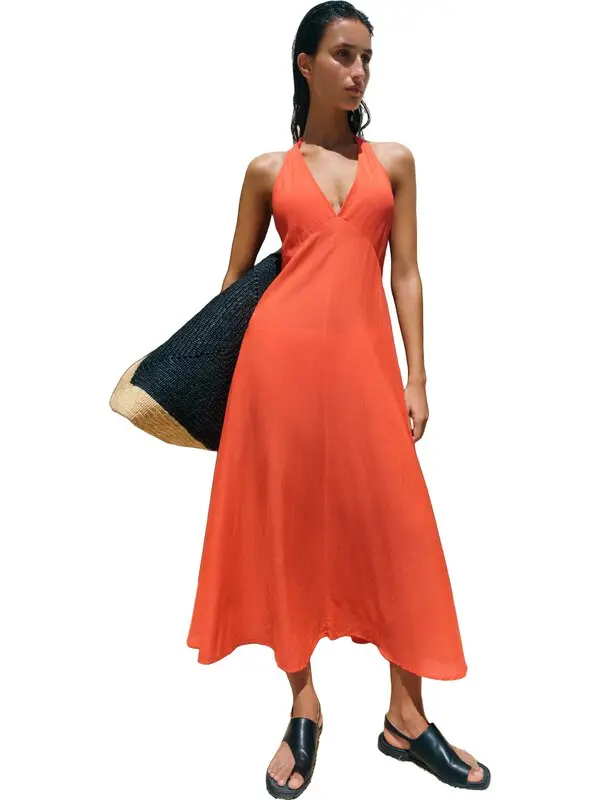 ME+EM Halterneck Maxi Slip Dress - Papaya Orange