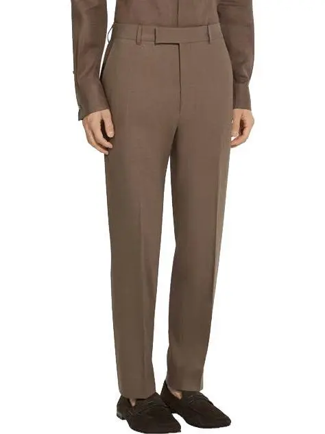 Zegna Linen Flat Front Trousers - Medium Brown
