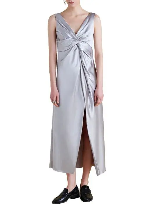 Marina Moscone Satin V-neck Twist Dress - Pale Grey
