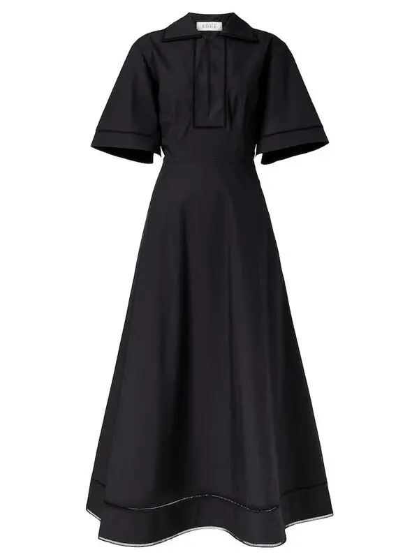 RÓHE Embroidered Cotton Poplin Midi Dress - Black